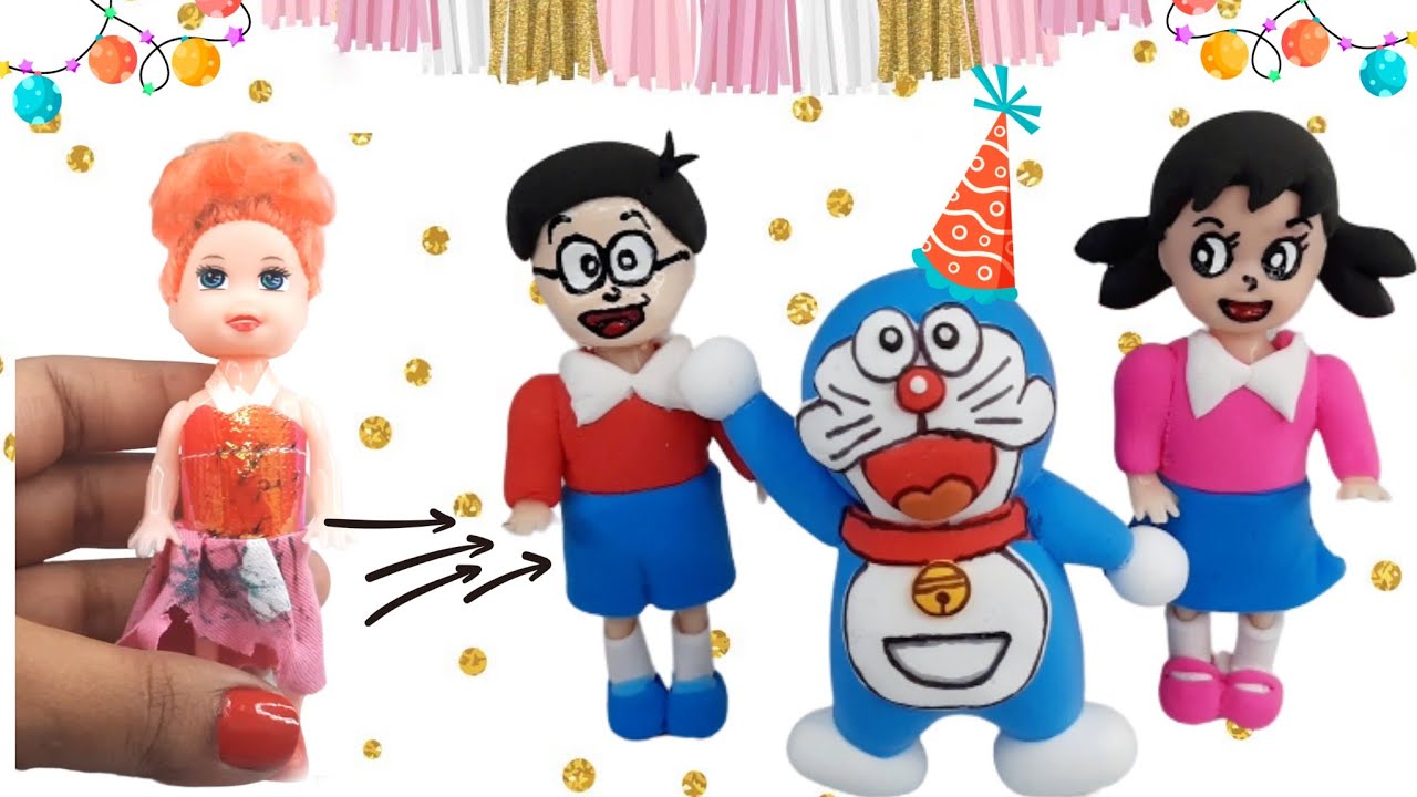 Diy Clay Doraemon Cartoon Characters Making 👫💕🥳Old Doll Makeover To ...