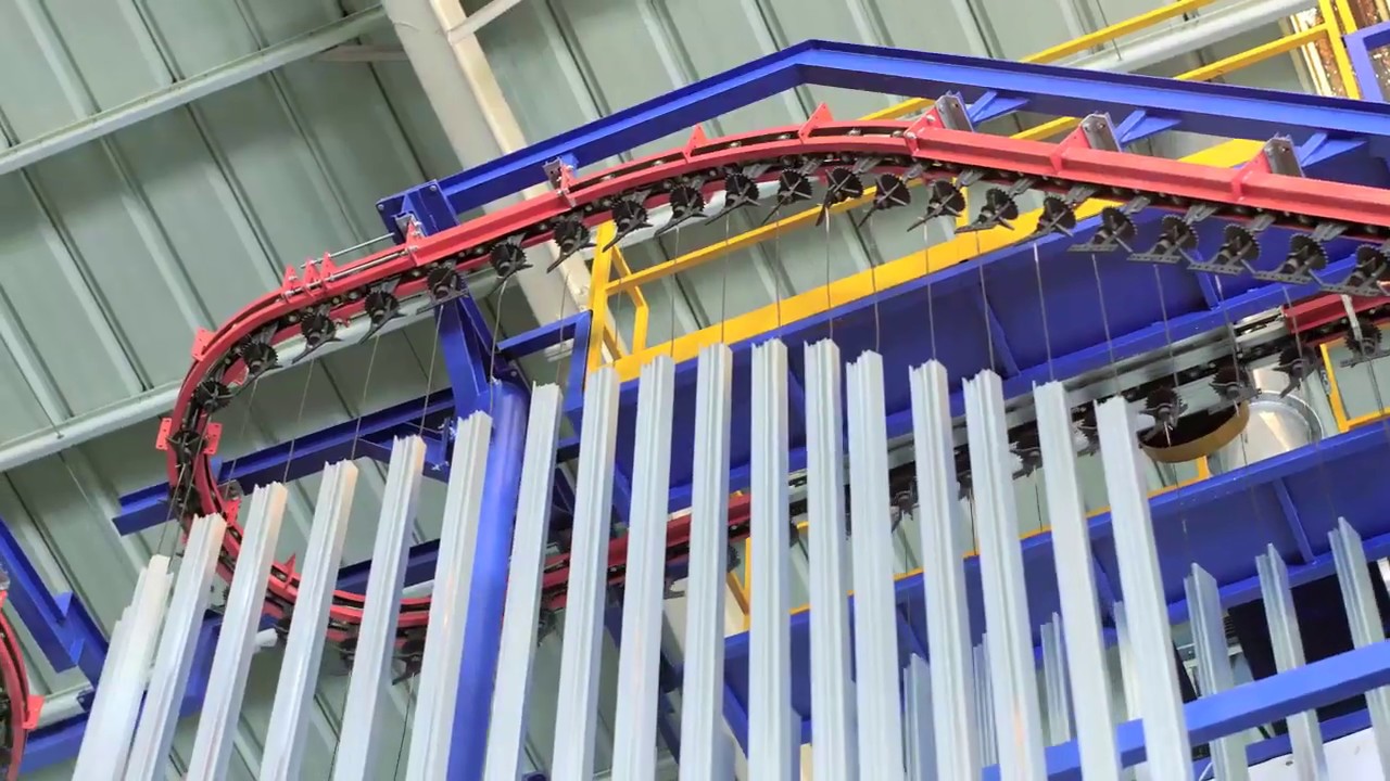 vertical powder coating line for 2000 ton alu profiles monthly - YouTube