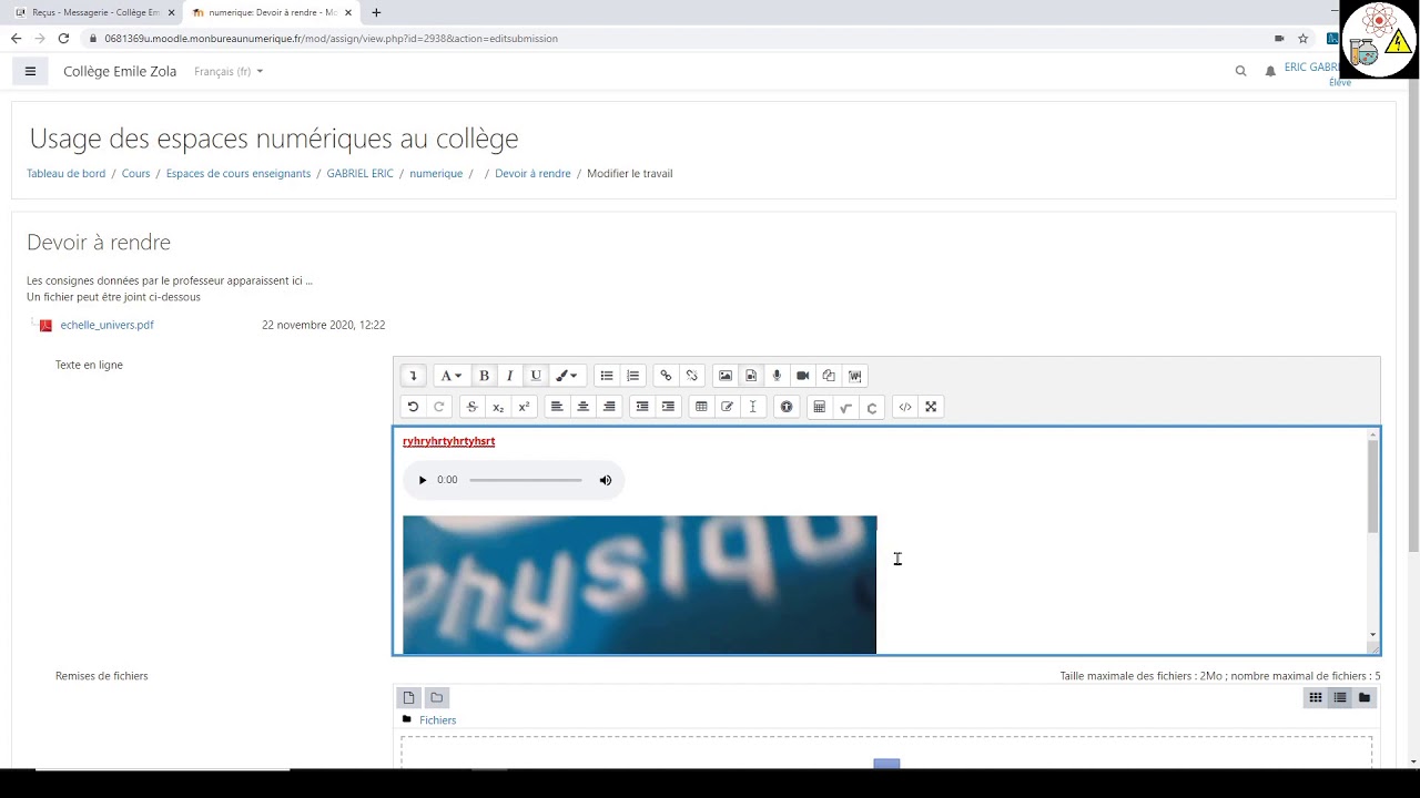 Moodle élève 4 : rendre un travail (nouvelle version) - YouTube