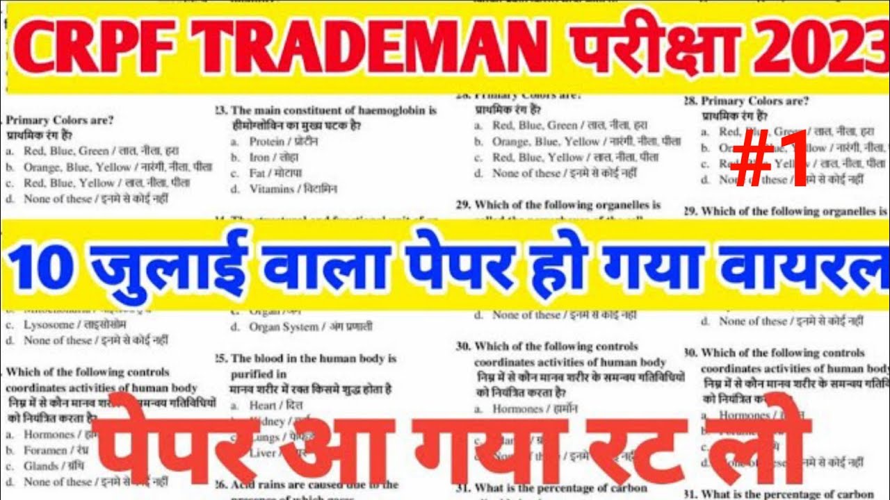 Crpf question paper 2023|| CRPF trademan mock test Gk GS 2023/ CRPF gk ...