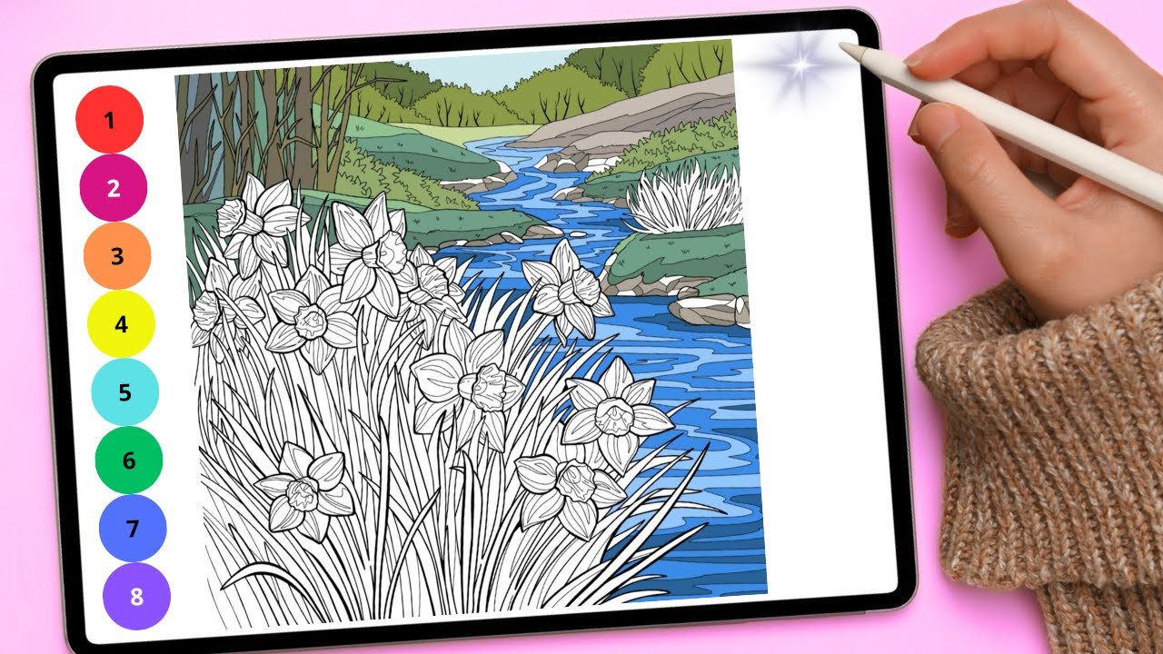 Beautiful Daffodils on a Stream Background. Coloring Page By Numbers ...