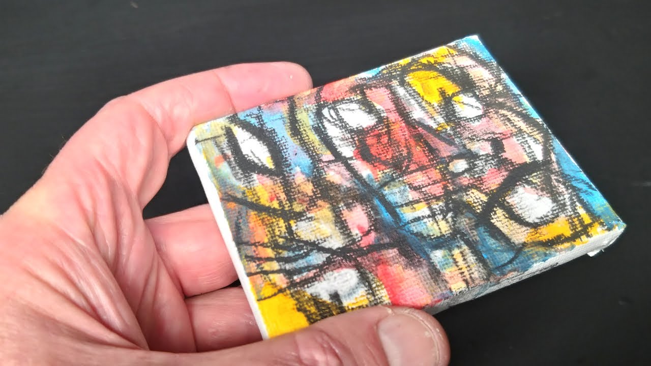 Miniature abstract painting on stretched canvas with acrylic and ...