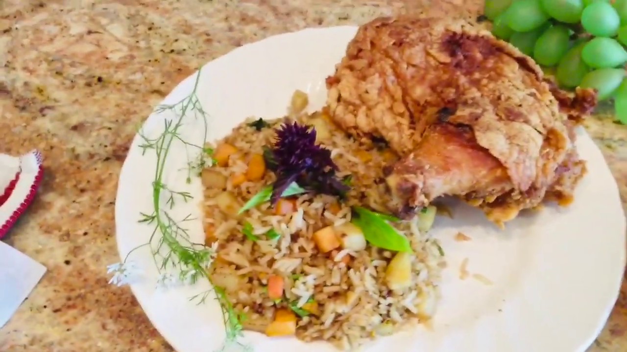 Tasty crispy chicken leg quarter with potato, sweet potato, carrot ...