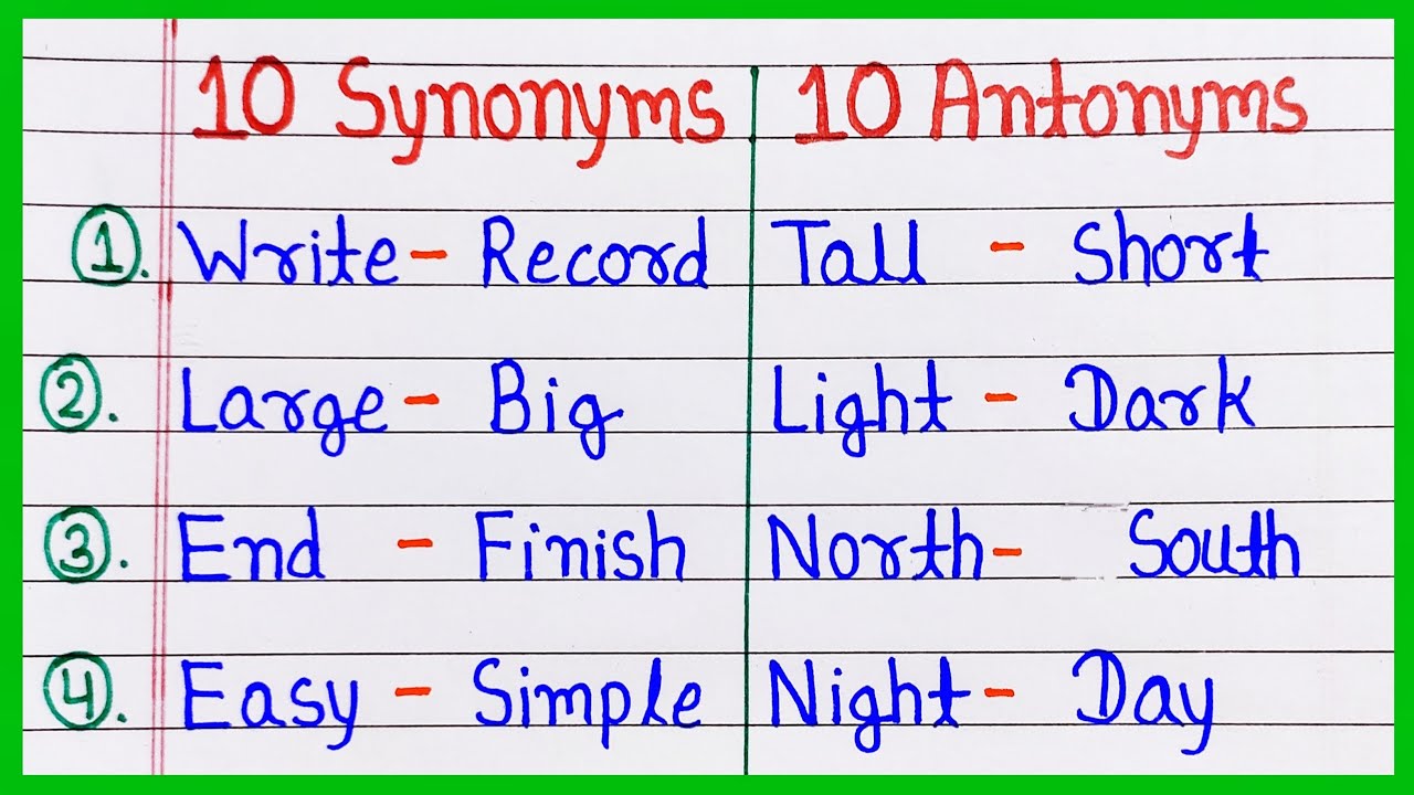 10 Synonyms and Antonyms | 10 antonyms and 10 synonyms words | antonyms ...