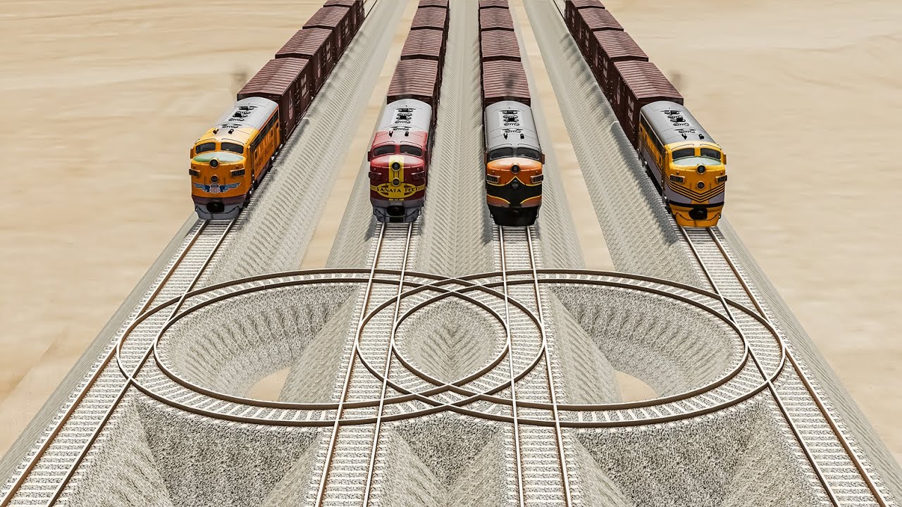 Four High Speed Trains Crossing Overlapping Circular Rail Tracks ...