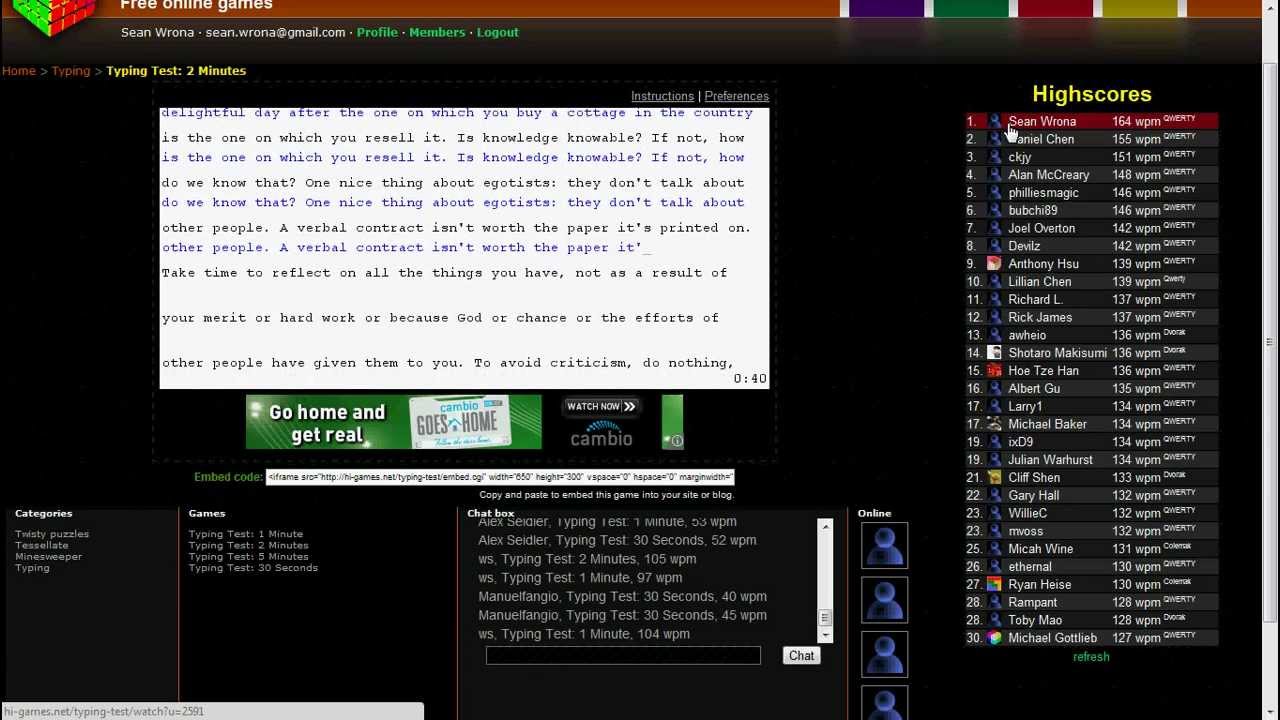 175 wpm race on hi-games.net 2 minute test - YouTube