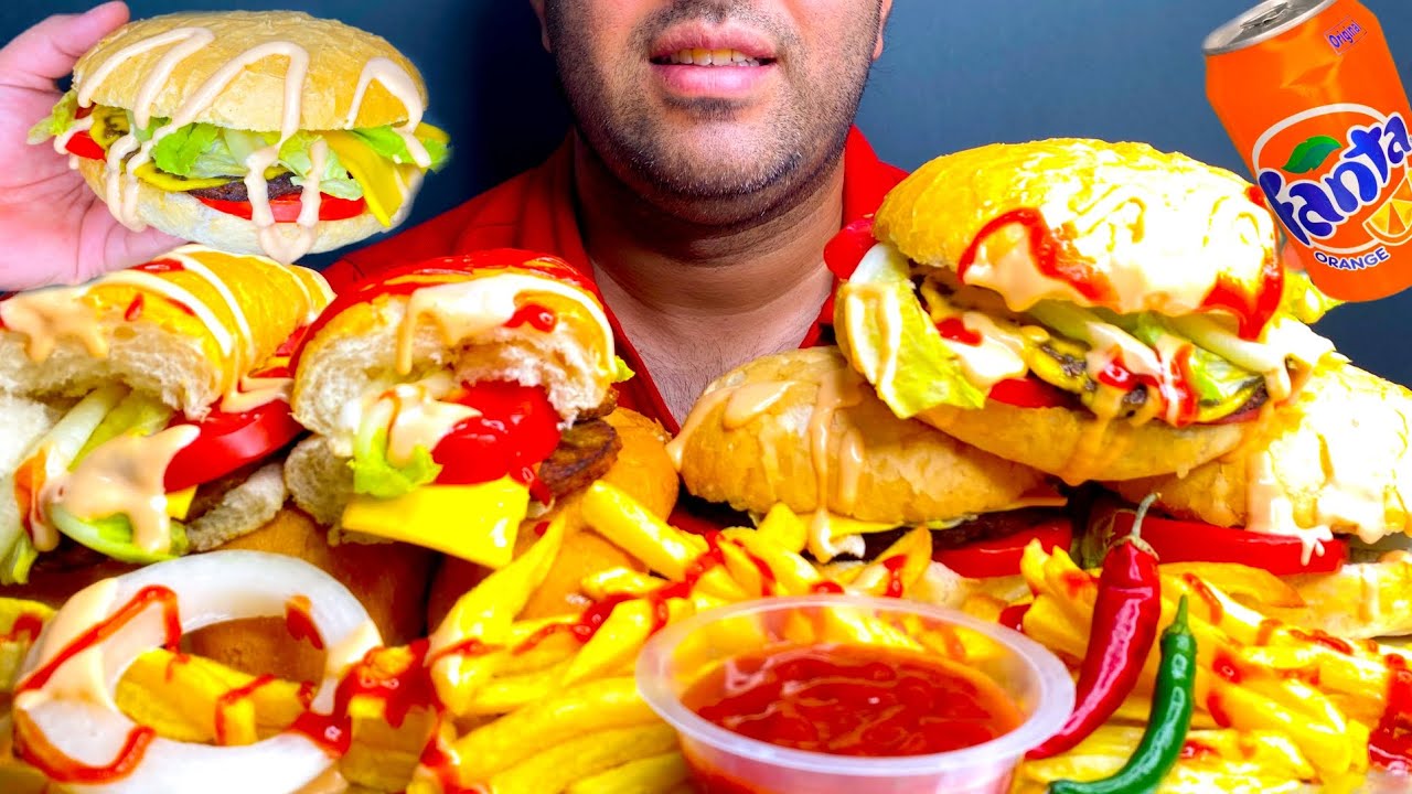 ASMR | MUKBANG EXTRA BIG mac BURGER CRISPY CHICKEN, Fried potatoes with ...