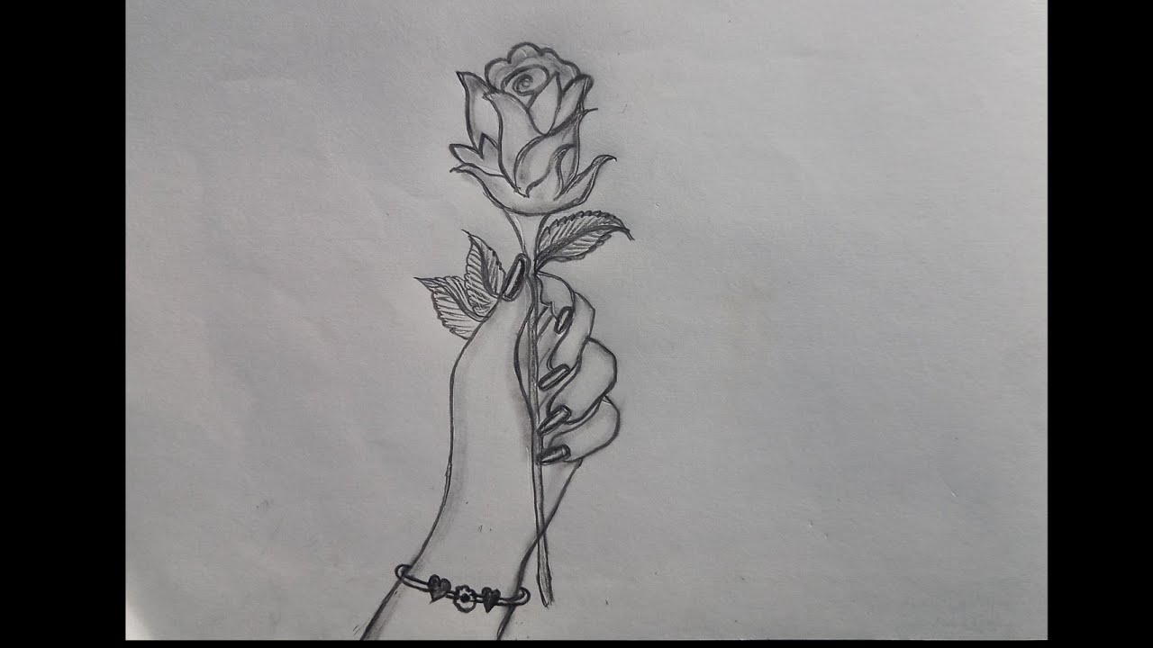 how to draw a hand with flower | Easy rose flower drawing step by step ...