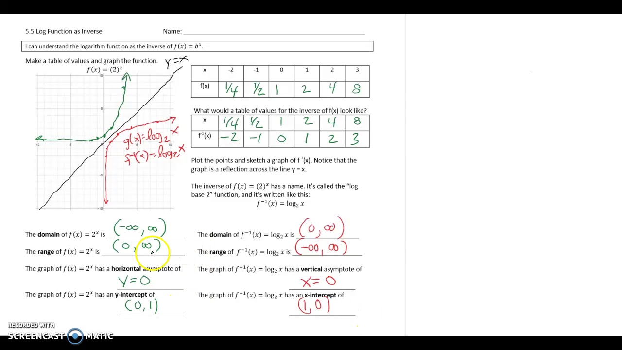 Advanced Algebra Lesson 5.5 Log Function as Inverse - YouTube