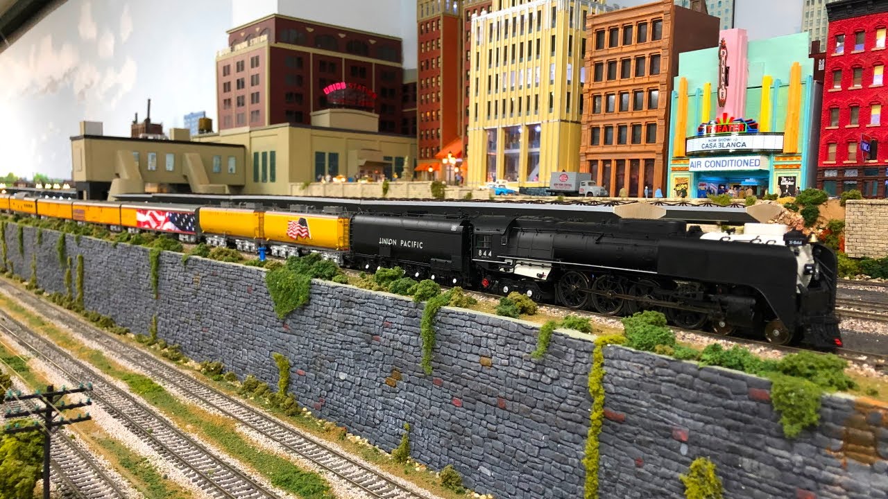 UP 844 Excursion passes through Union Station HO Scale - YouTube