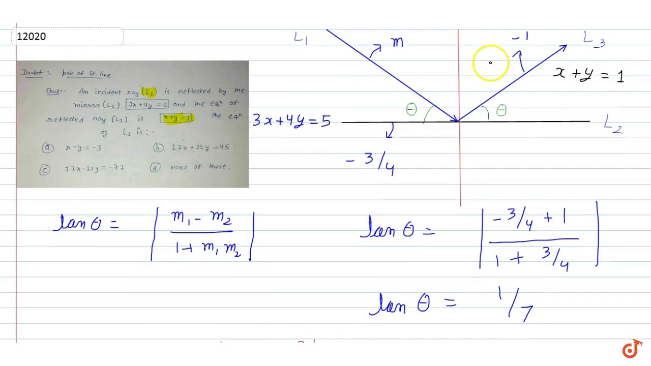 An incident ray `(L_1)` is reflected by the mirror `(L_2)` 3x + 4y = 5 ...