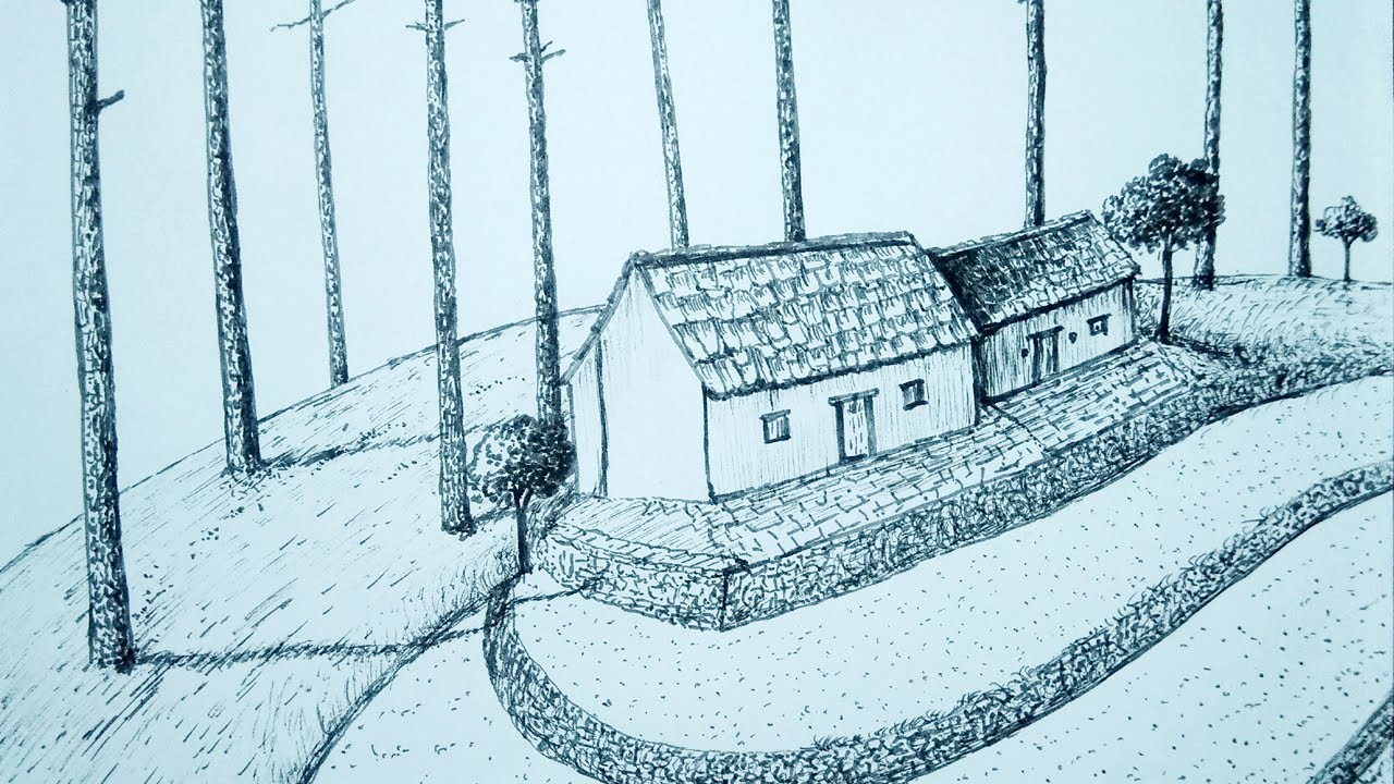 How to draw a small house under the pine trees - YouTube