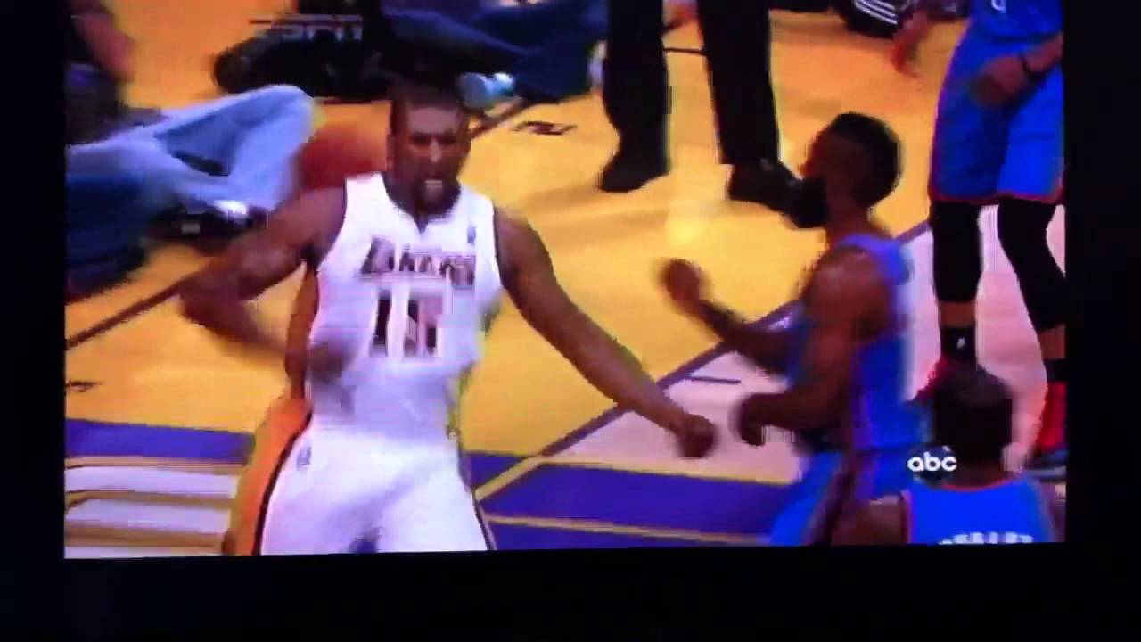 Metta World Peace elbowing James Harden after celebration - YouTube