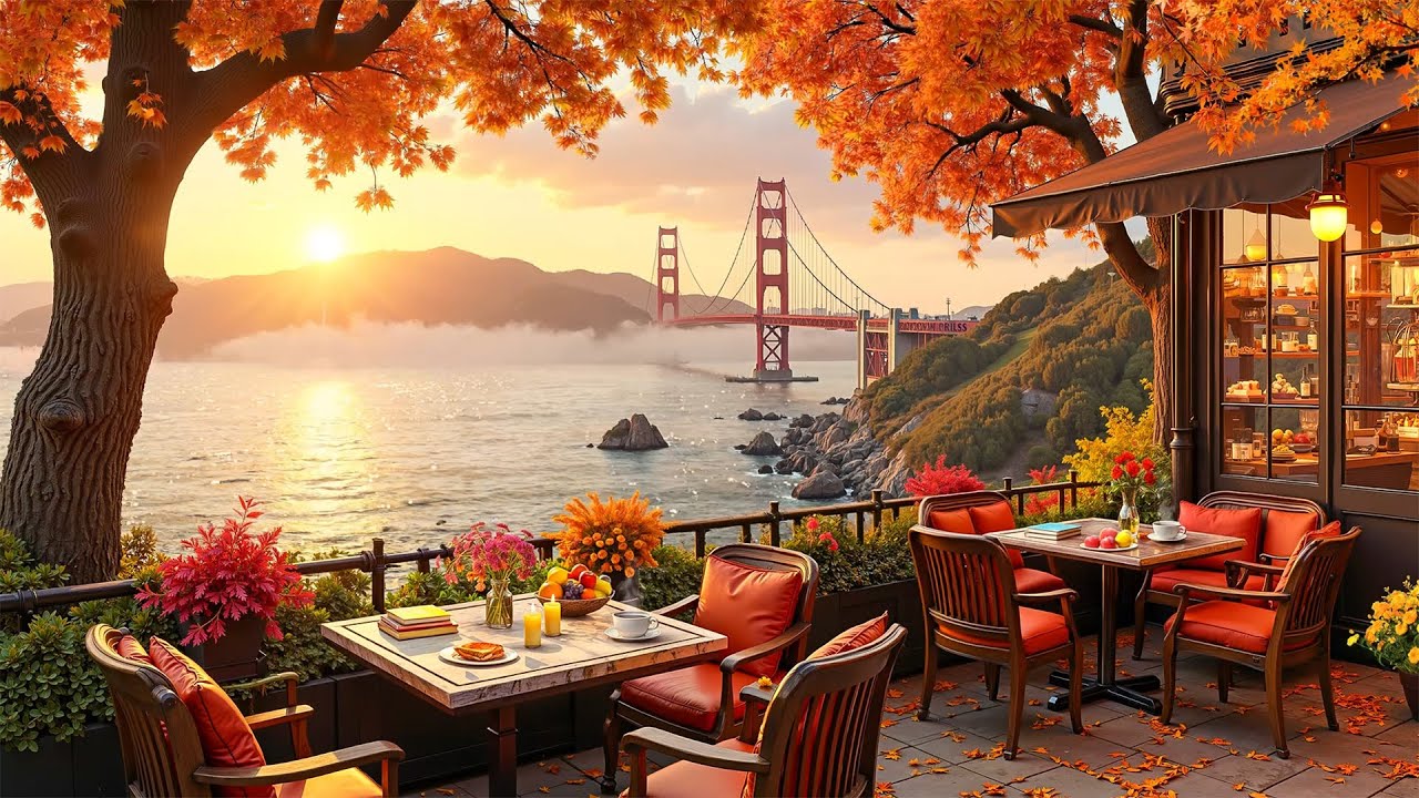 Relaxing Autumn Café near Golden Gate 🌇 Smooth Jazz & Cozy Sunset Mood ...