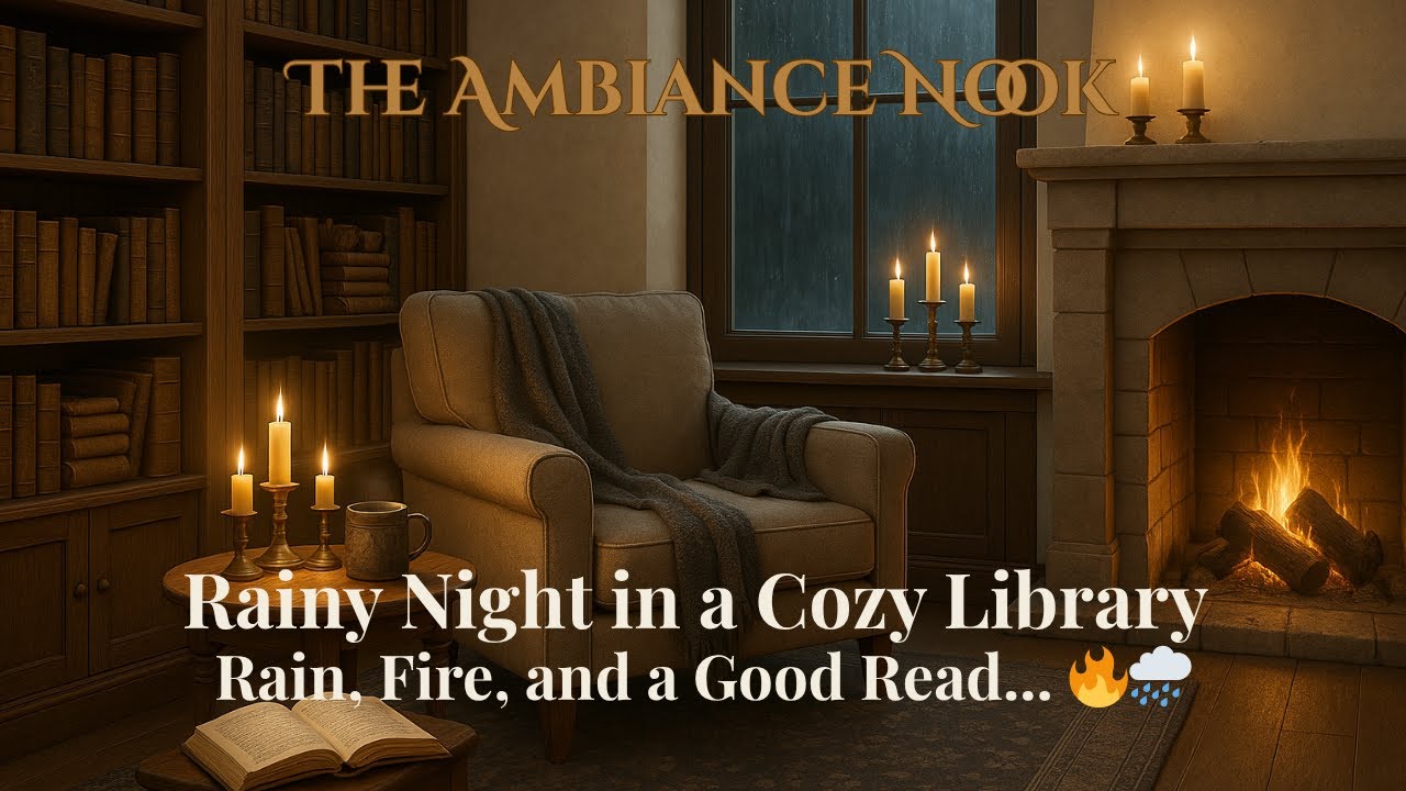 Rainy Night in a Cozy Library | Fireplace Sounds, Candles, Rain ...