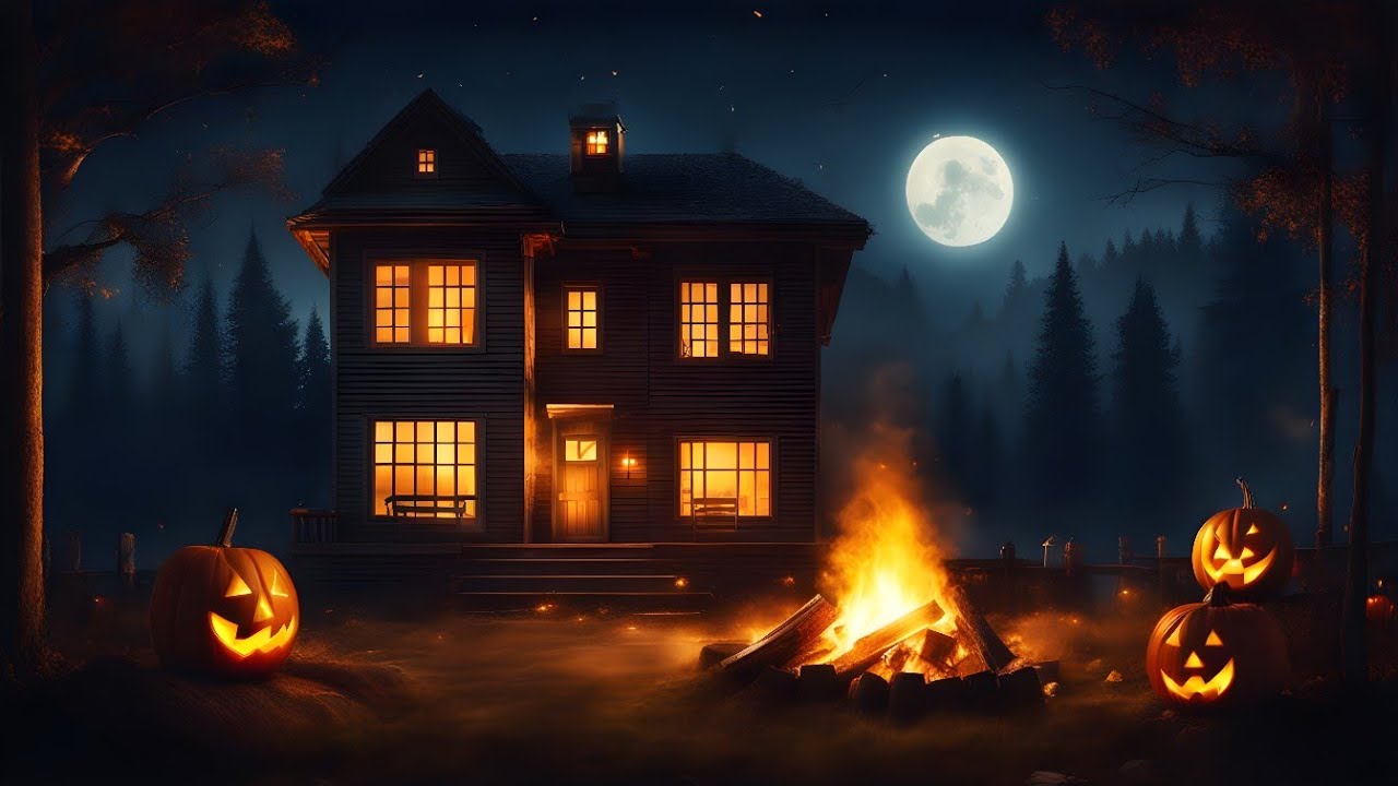 Haunted Halloween House in the Forest at Night with Bonfire Sounds ...