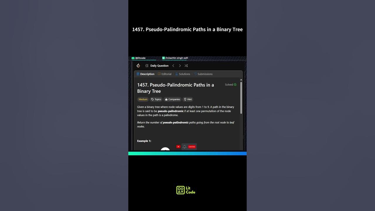 Leetcode 1457 Pseudo Palindromic Paths In A Binary Tree Shorts Python Leetcode Coding Youtube 
