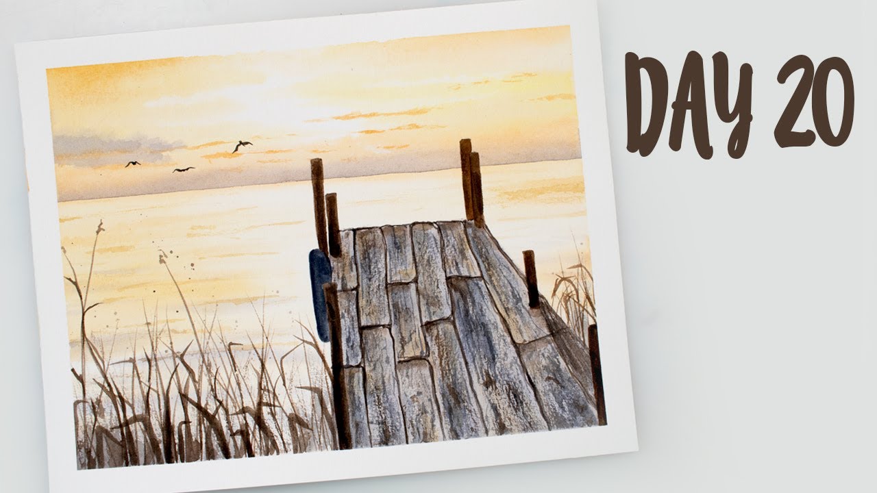 Watercolor SUNSET over the water step by step tutorial + FREE SKETCH ...