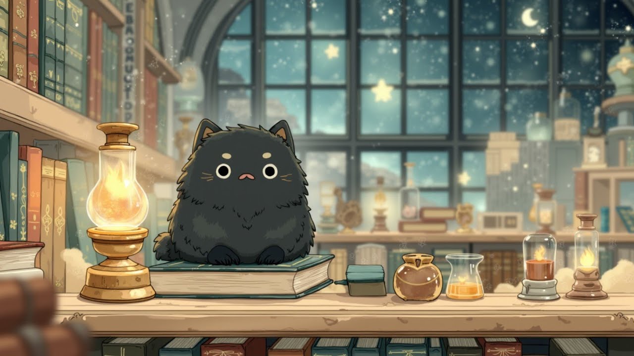 Lofi Cat Study Vibes ~ Cozy Library Music & Relaxing Ambient Beats for ...