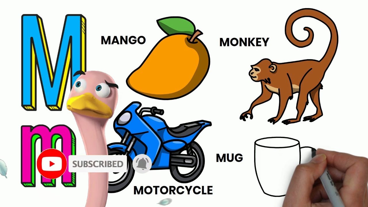 Draw the Alphabet! Learn English Vocabulary: M for Mango, Monkey, Motorcycle, Mug Drawing abc ...
