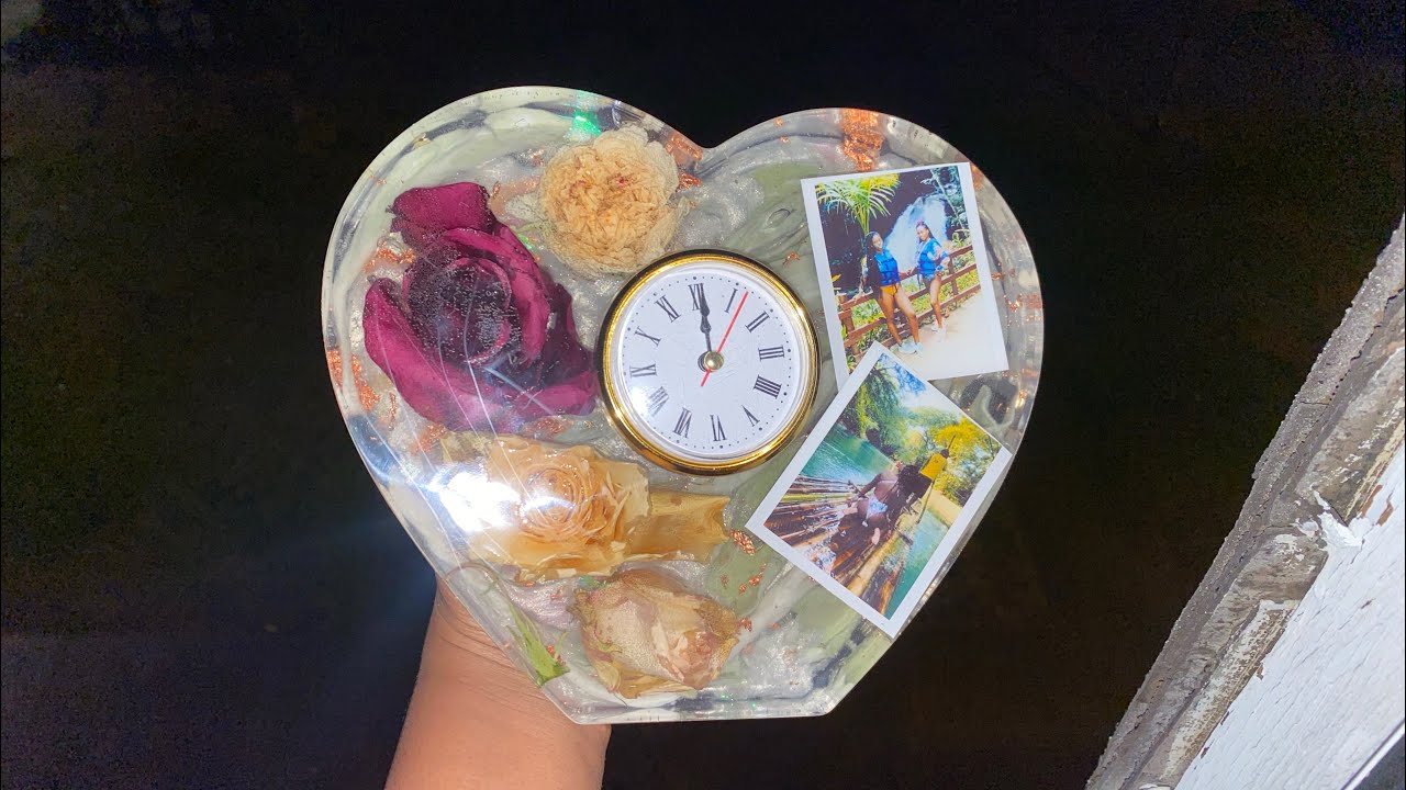 Resin heart shape clock with preservation flowers - YouTube