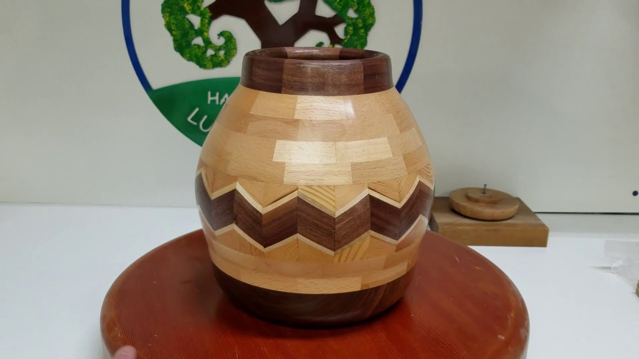 Woodturning a segmented vase with a zig zag feature ring from reclaimed ...