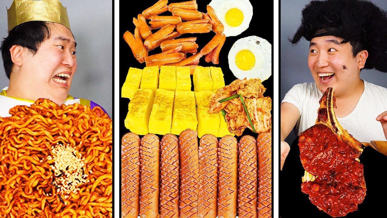 ASMR MUKBANG | Fire Noodles, spam, kimchi, Giant Kielbasa sausage funny ...