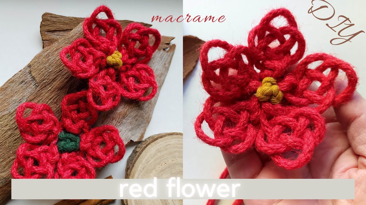 DIY macrame flower tutorial, red flower Christmas plant, home decor ...