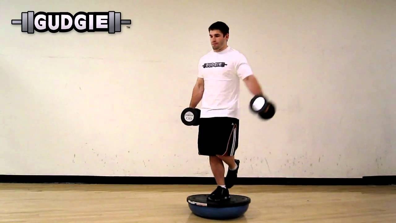 Dumbbell standing lateral raise on balance device single leg ...