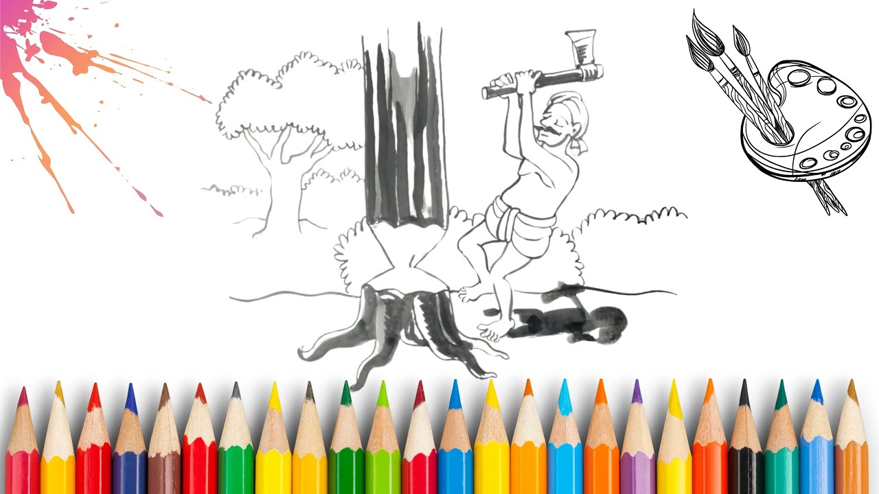 A man Cutting Trees Drawing | How to draw a man who cuts trees | Line ...