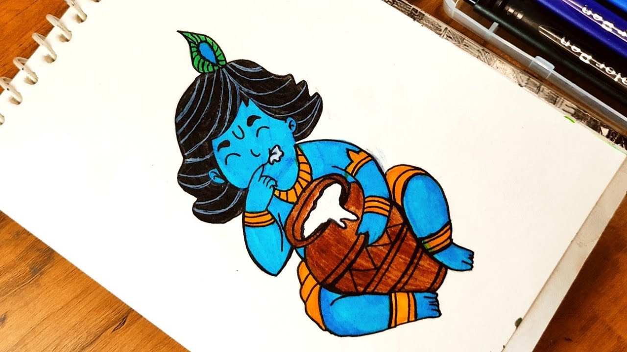 How to draw cute little krishna | Bal gopal drawing for beginners ...