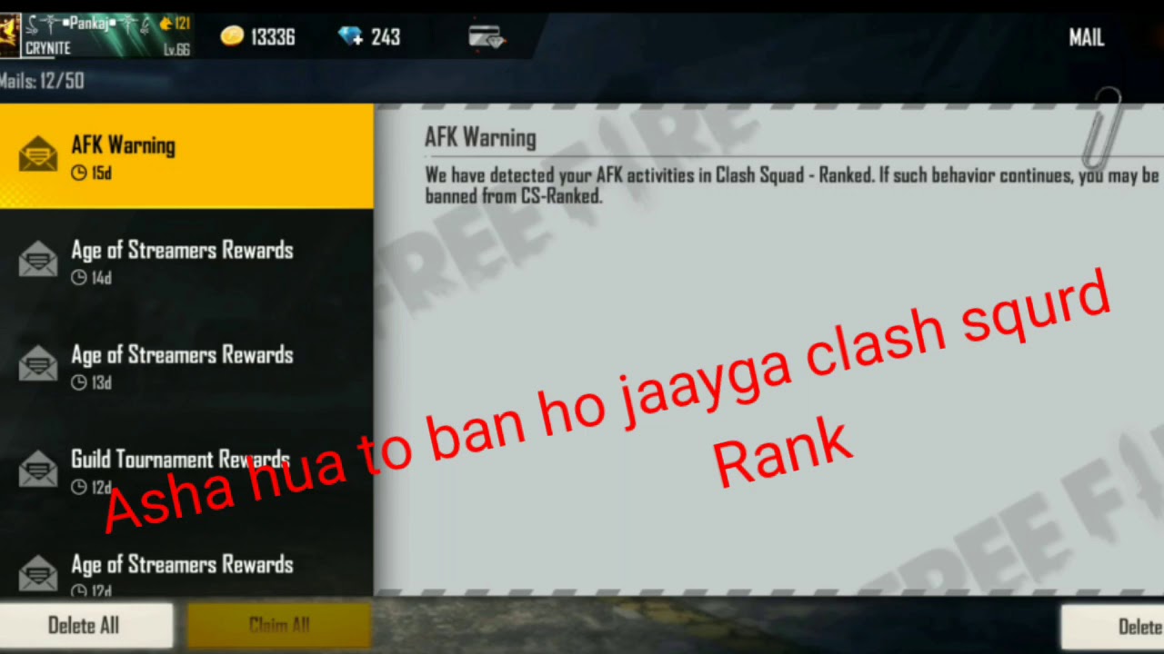 AFK warning in freefire email box and how to handle it - YouTube
