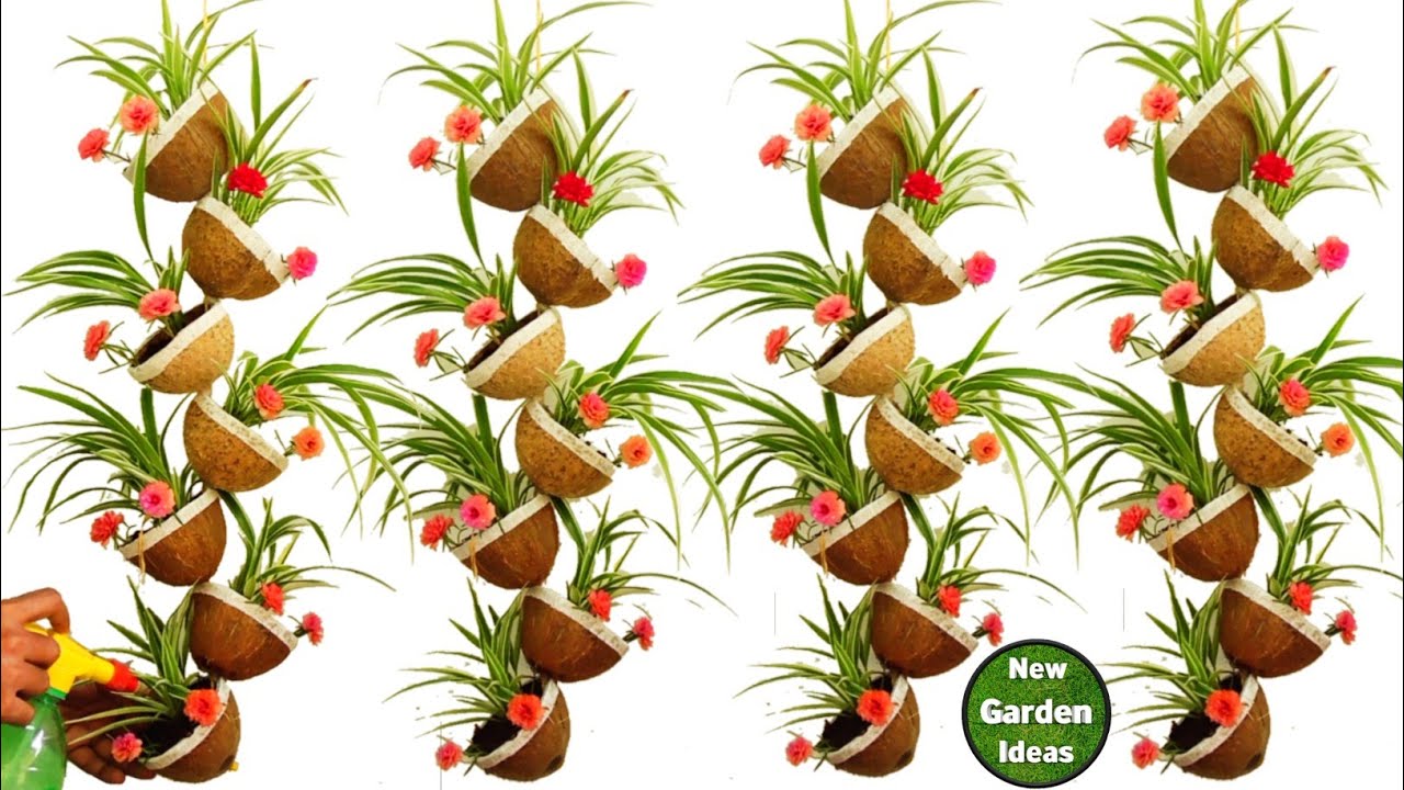 How to Make Coconut Shell Tower plant//hanging plant pots//new method ...