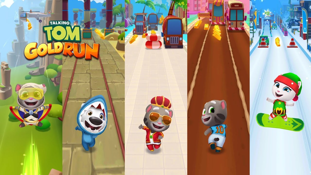 Talking Tom Gold Run Flying vs Lost City vs Water Park vs Candyland vs ...