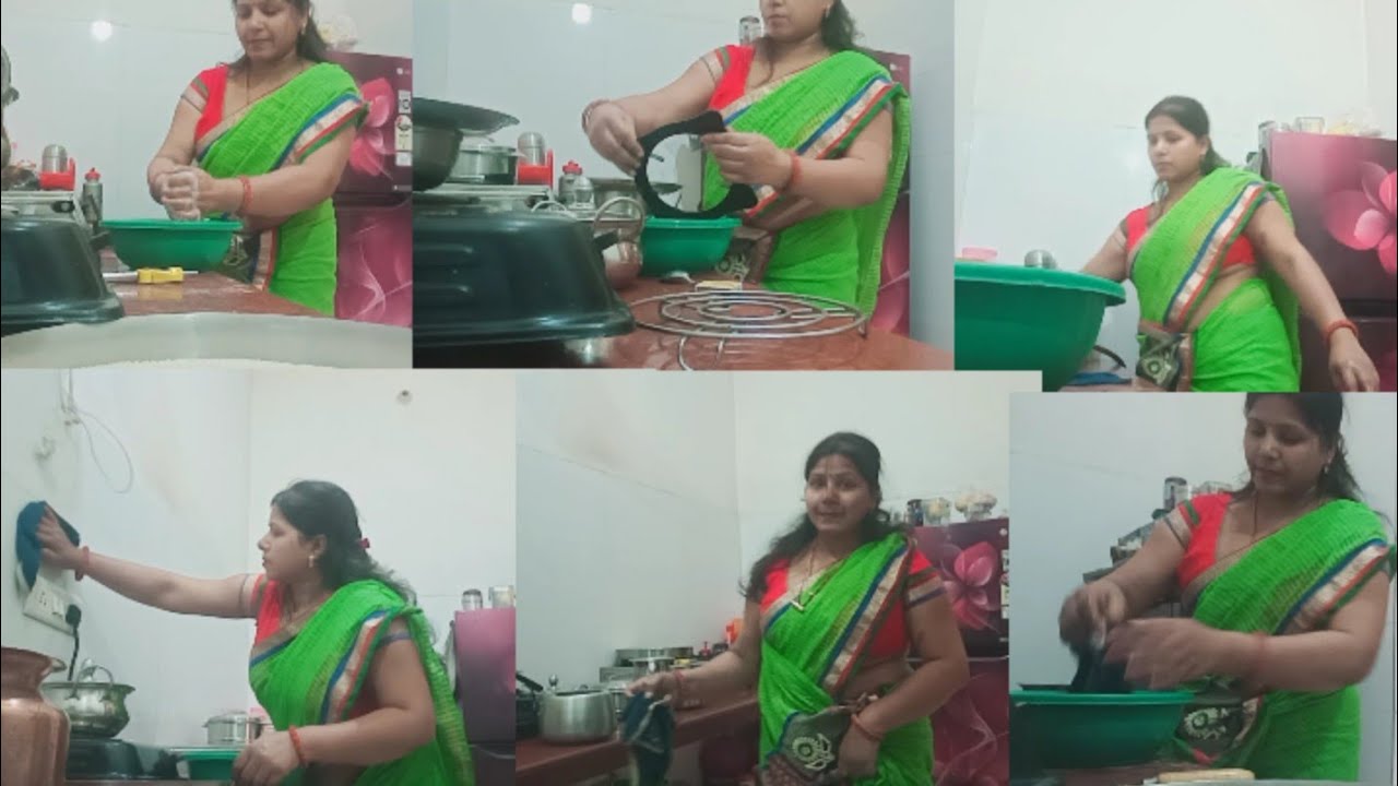 indian housewife saree vlog kitchen cleaning vlog in saree - YouTube