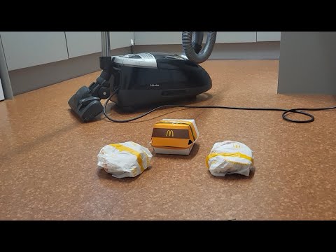 Hoovering a McDonald's big mac and two double cheeseburgers for fun with miele bare feet