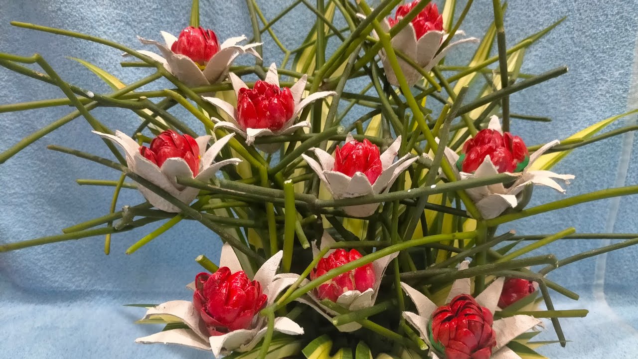 Egg Tray and pista shells Waste material craftideas pista shell flower ...