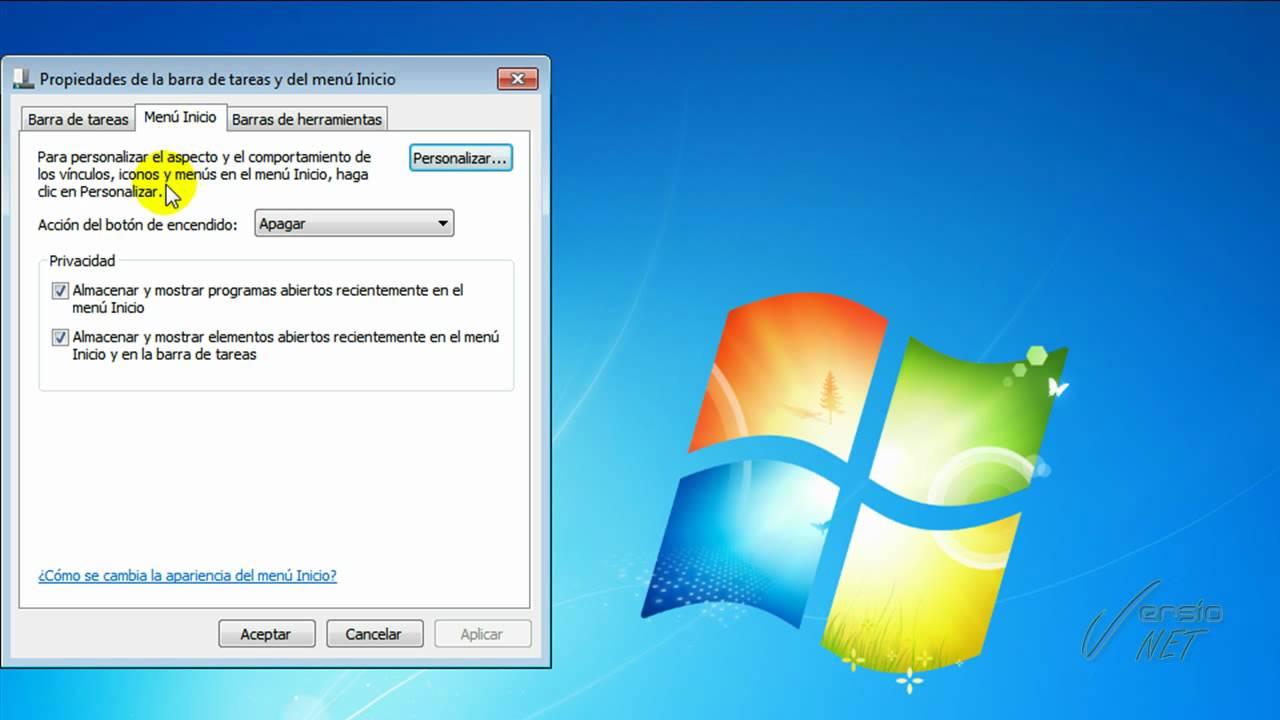 Barra de Tareas y Menu de Inicio en Windows 7 - www.versioNET.com - YouTube