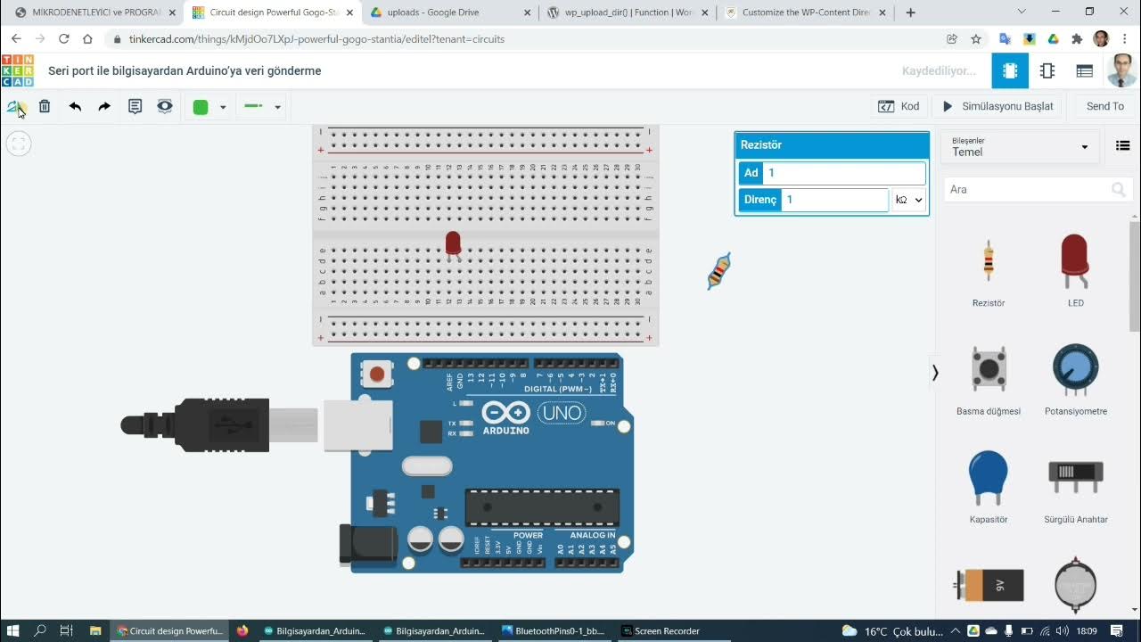 Tinkercad Arduino seri porttan karakter gönderme, led yakma - YouTube