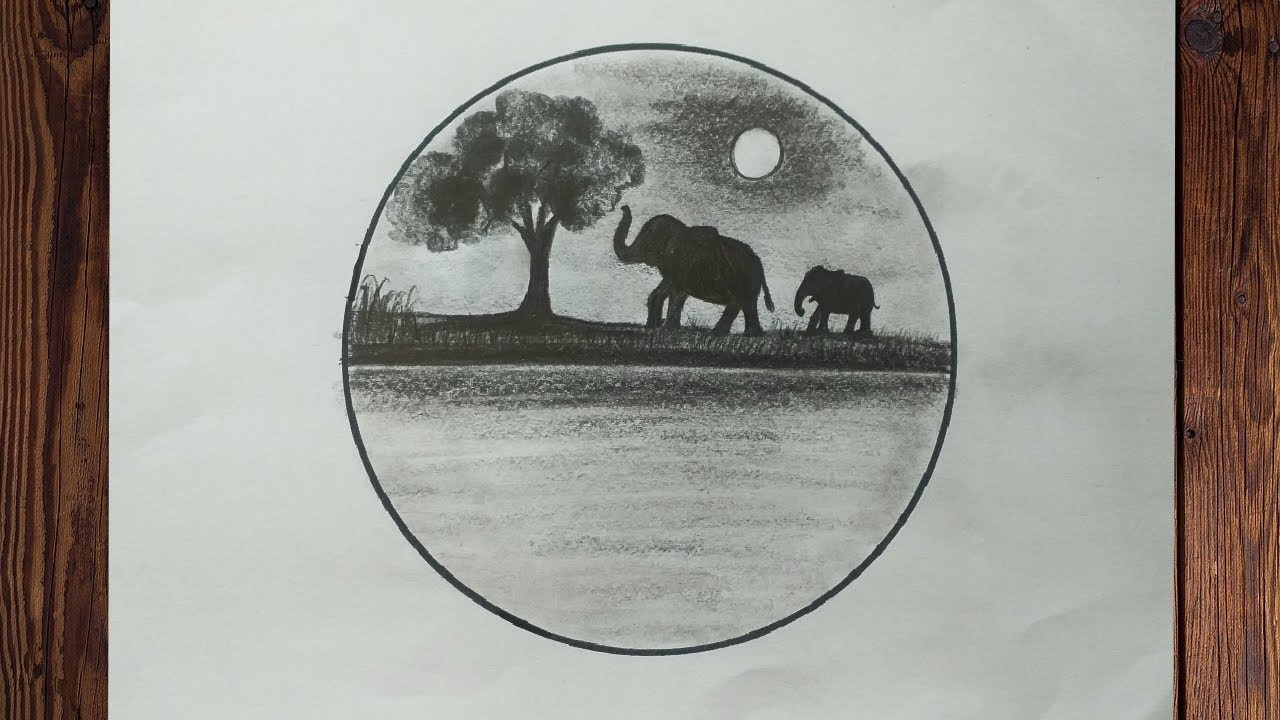 How to draw a beautiful scene with elephants using pencils | Scene in ...