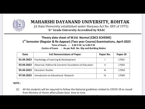 MDU M.Ed. 1st Semester Date-Sheet 2023 Exams (April) - YouTube