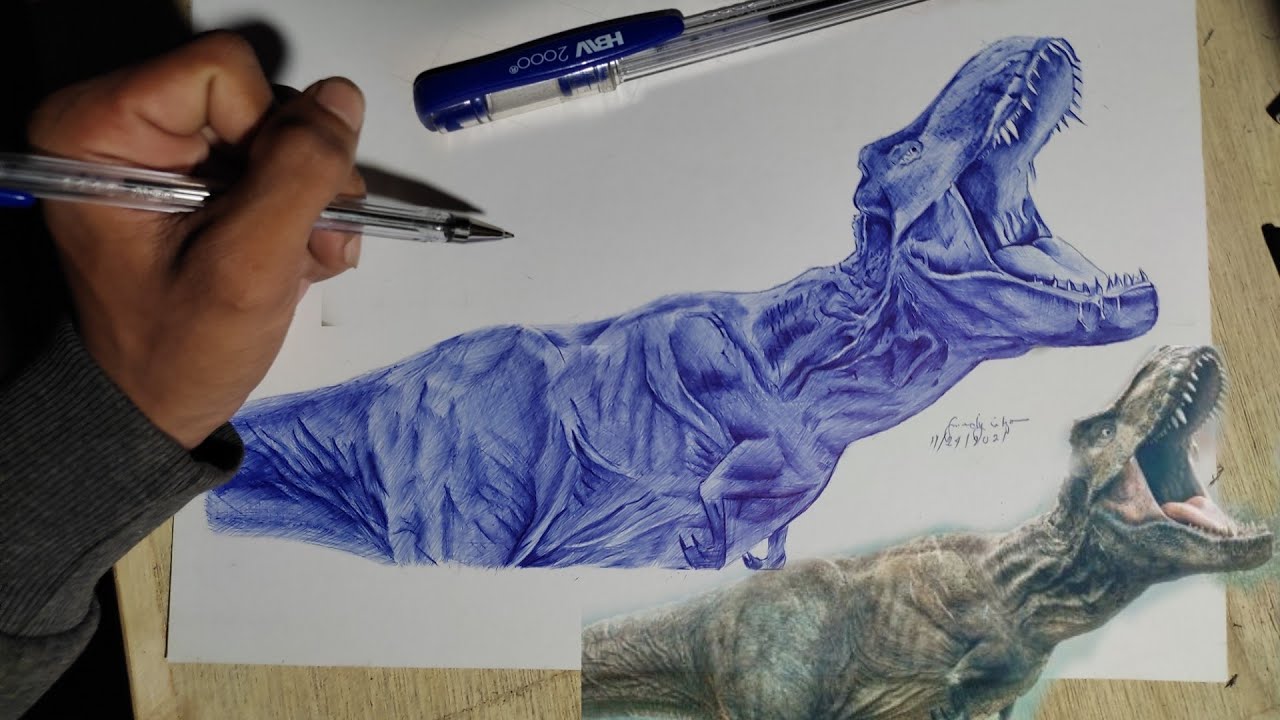 how to draw dinosaur from jurrassic ( ballpoint pen drawing speed ...