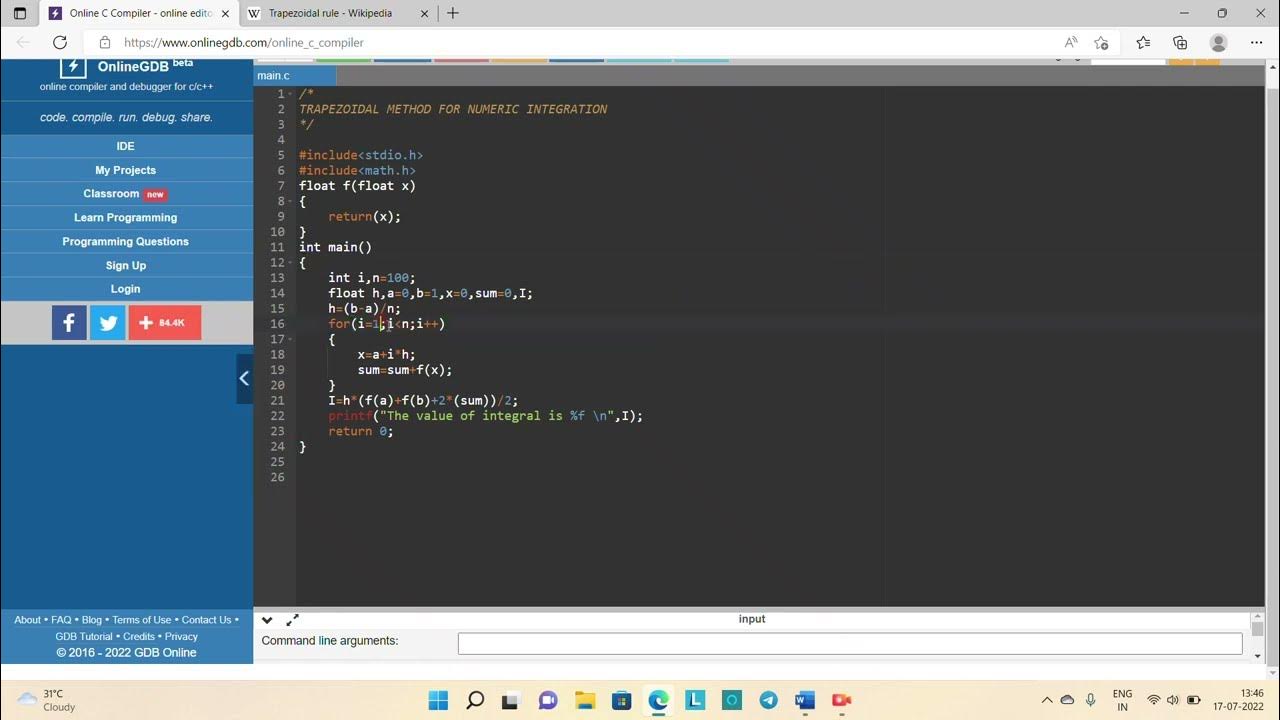 HOW TO WRITE C PROGRAM FOR TRAPEZOIDAL METHOD OF NUMERIC INTEGRATION ...