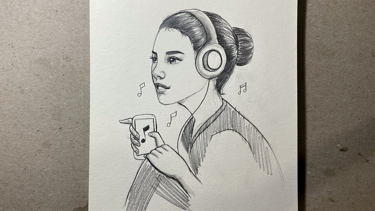 How to draw Sitting Girl listening Music || Step by step || for ...