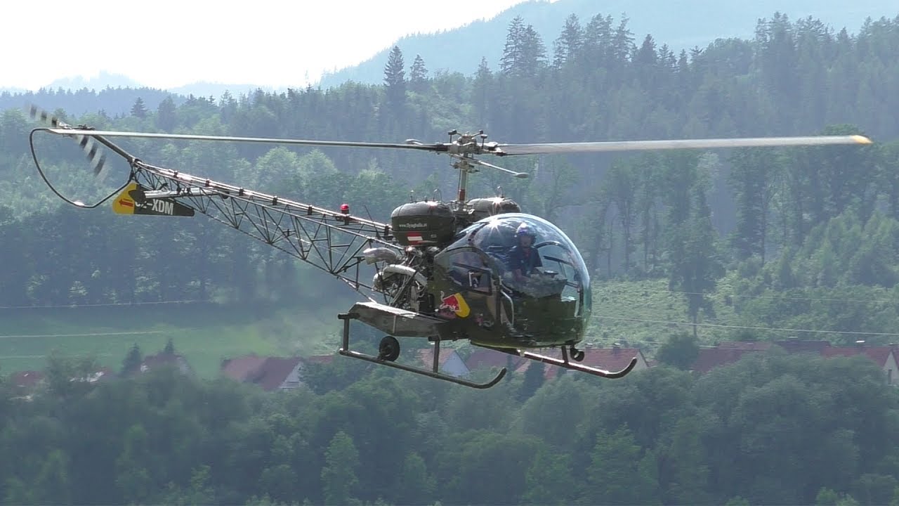 THE FLYING BULLS Bell 47 *Soloy* landing and takeoff at Airfield ...