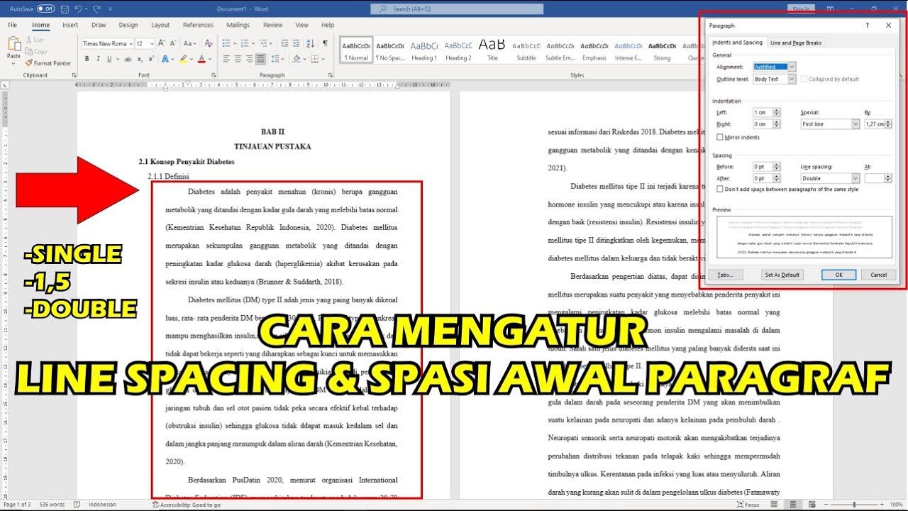 CARA MENGATUR JARAK SPASI DI MS WORD (LINE SPACING,FIRST LINE) - YouTube