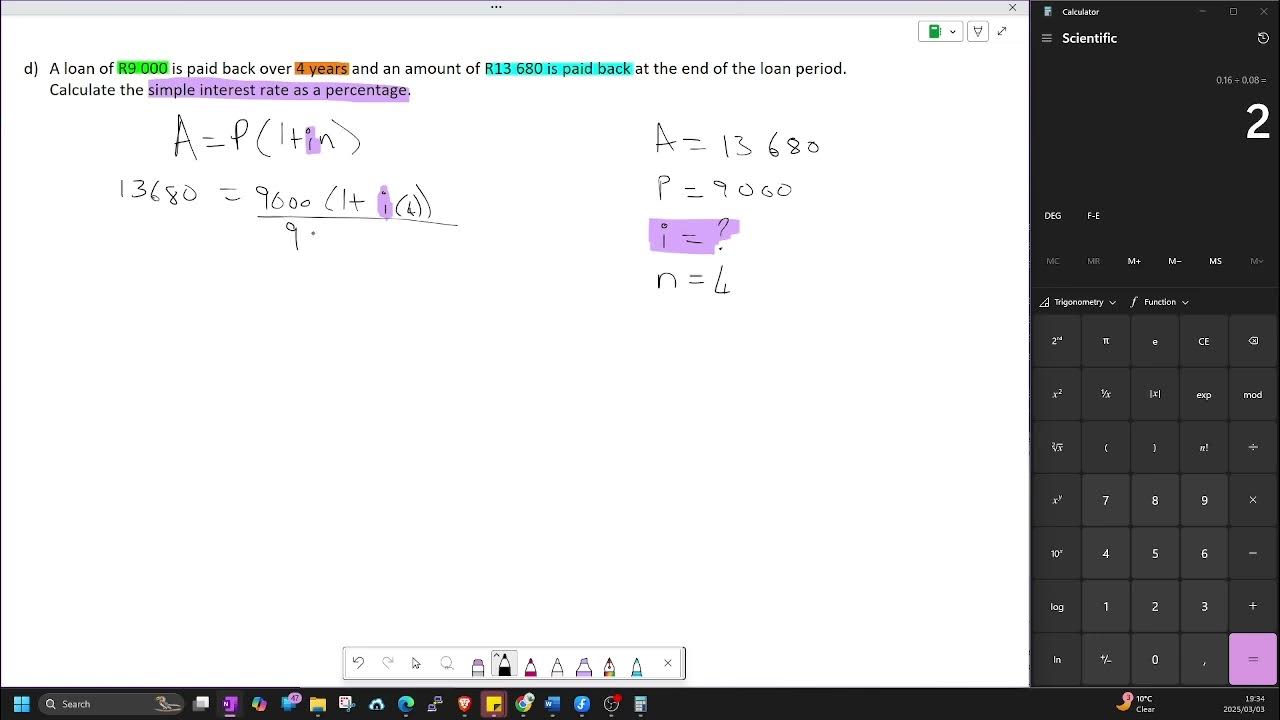 Finance Simple Interest Solve for Interest Rate - YouTube