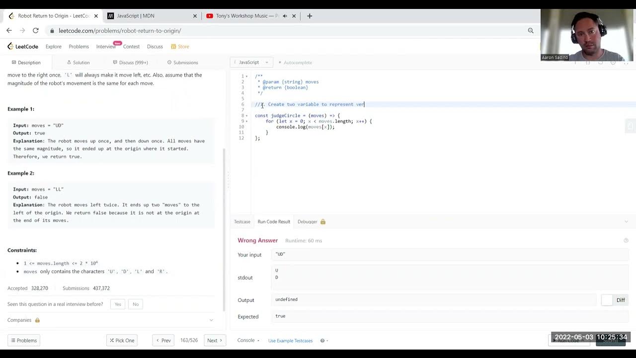 657. Robot Return to Origin - Javascript - Time: O(n) Space: O(1) - Leetcode - YouTube