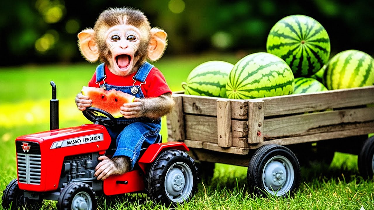Monkey Farmer Use Tractor To Transport Watermelons Across Farm- Monkey ...