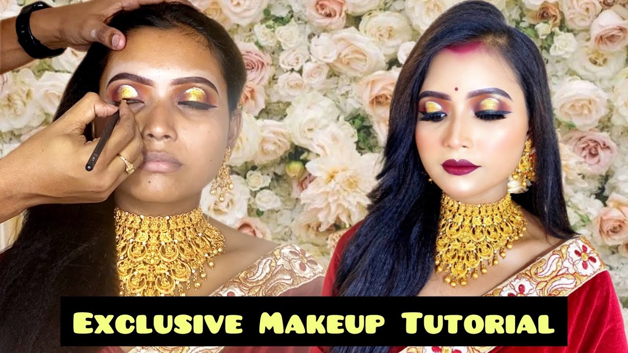 Royal Reception Makeup with Red Velvet Saree and Gold Jewellery - YouTube